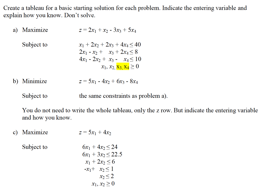 Create a tableau for a basic starting solution for | Chegg.com