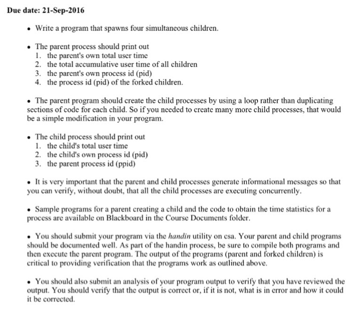 Solved Due date: 21-Sep-2016 Write a program that spawns | Chegg.com