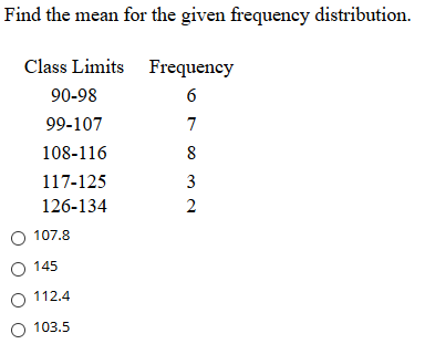 Solved Find the mean for the given frequency distribution. | Chegg.com