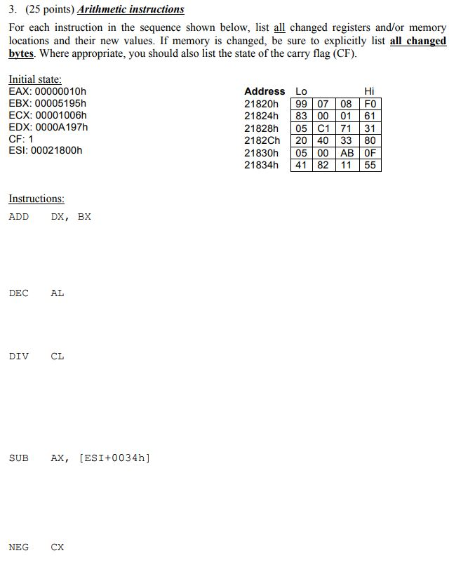 Solved 3. (25 points) Arithmetic instructions For each | Chegg.com