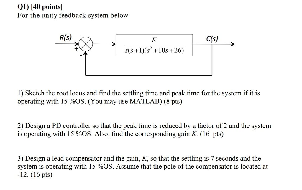 Solved Q1) 140 points] For the unity feedback system below | Chegg.com