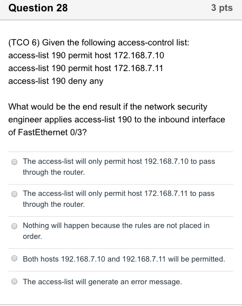Solved Question 28 3 pts (TCO 6) Given the following | Chegg.com