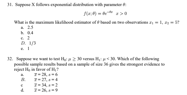 Solved 31. Suppose X follows exponential distribution with | Chegg.com