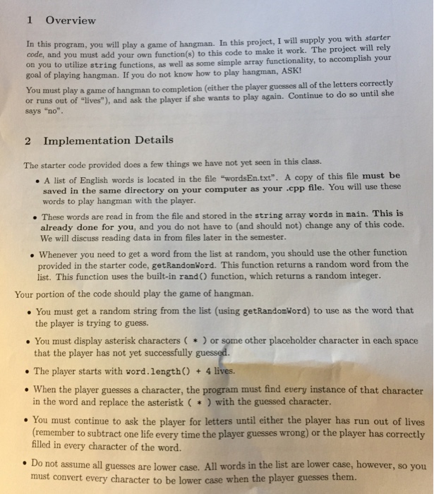 Solved 1 Overview program, you will play a game of hangman. | Chegg.com