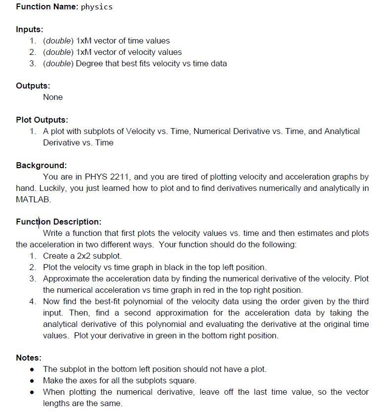 Function Name: physics Inputs 1. (double) 1xM vector | Chegg.com