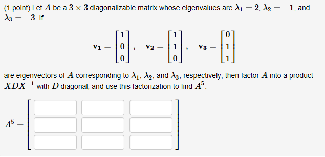 Solved (1 point) Let A be a 3 x 3 diagonalizable matrix | Chegg.com