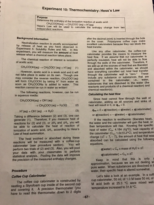 Solved Experiment 10: Thermochemistry: Hess's Law Purpose | Chegg.com