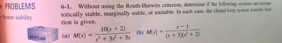 Solved 6-1. Without using the Routh-Hurwitz criterion, | Chegg.com