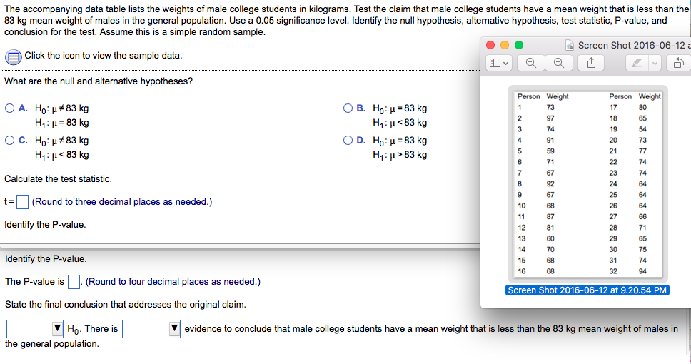 Solved The accompanying data table lists the weights of male | Chegg.com