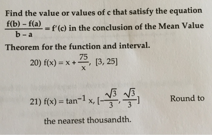 Solved Find the value or values of c that satisfy the | Chegg.com