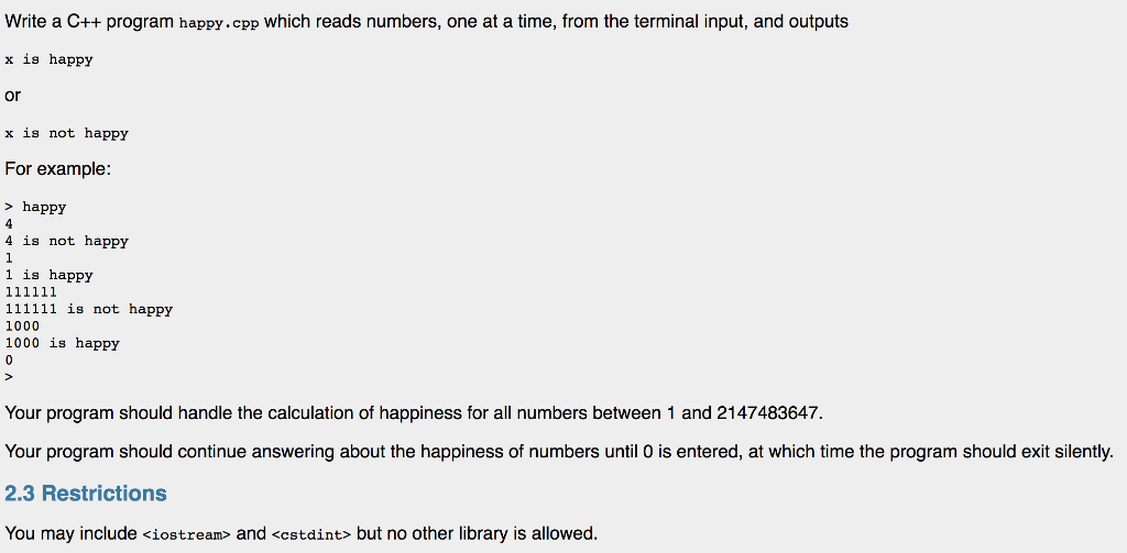Solved Write a C++ program happy.cpp which reads numbers, | Chegg.com
