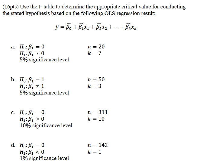 Solved (16pts) Use the t- table to determine the appropriate | Chegg.com Solved (16pts) Use the t- table to determine the appropriate | Chegg.com