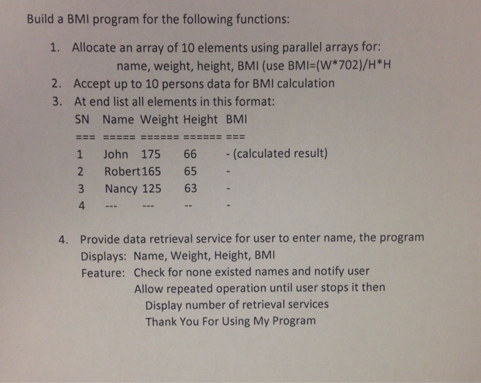 Solved Build a BMI program for the following functions: | Chegg.com