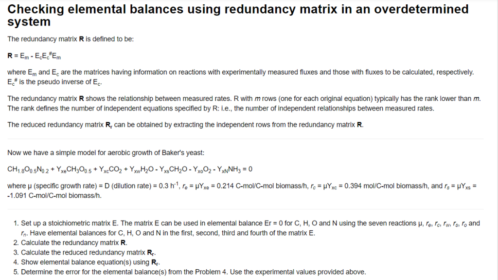 Checking elemental balances using redundancy matrix | Chegg.com