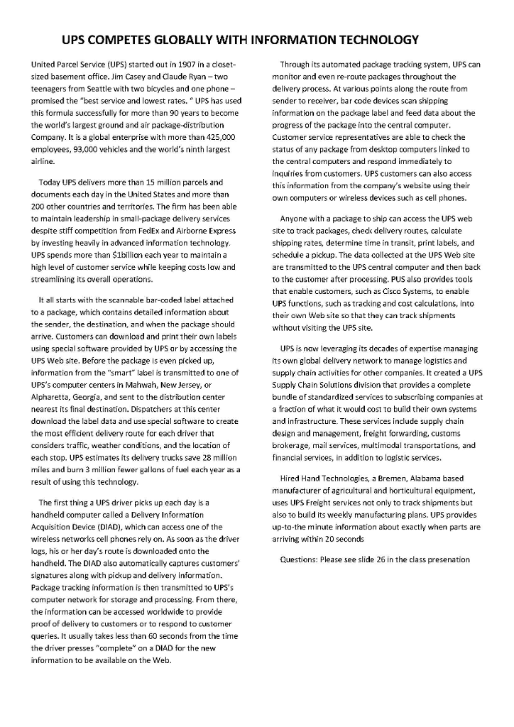 Solved UPS COMPETES GLOBALLY WITH INFORMATION TECHNOLOGY | Chegg.com