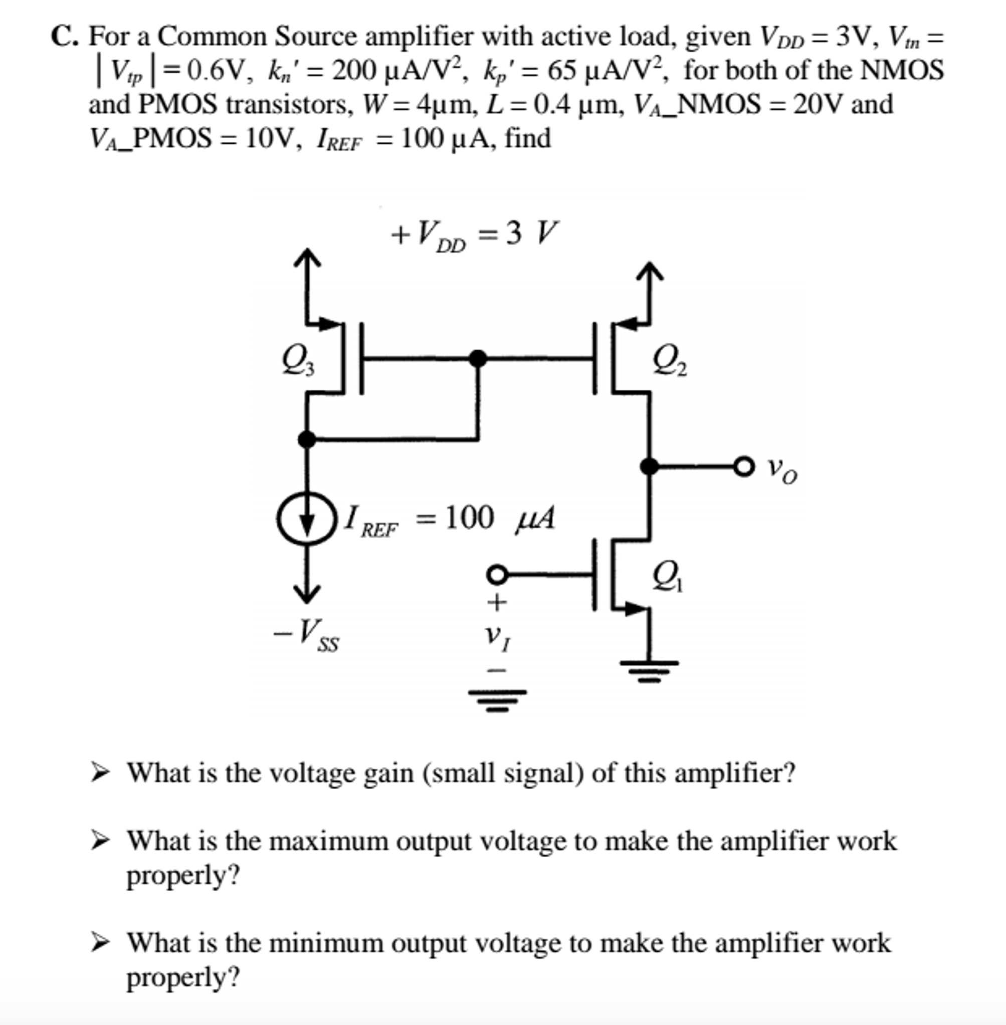 Solved For a Common Source amplifier with active load, given | Chegg.com