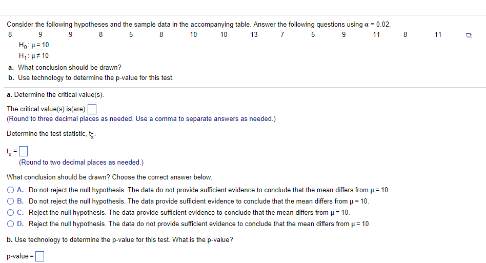 Solved Consider the following hypotheses and the sample data | Chegg.com