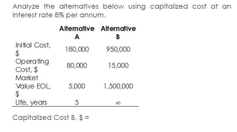 Solved Analyze the alternatives below using capitalized cost | Chegg.com