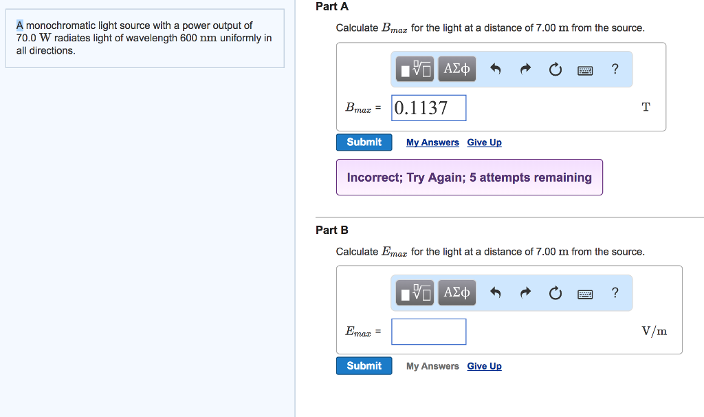 Solved Part A A monochromatic light source with a power | Chegg.com