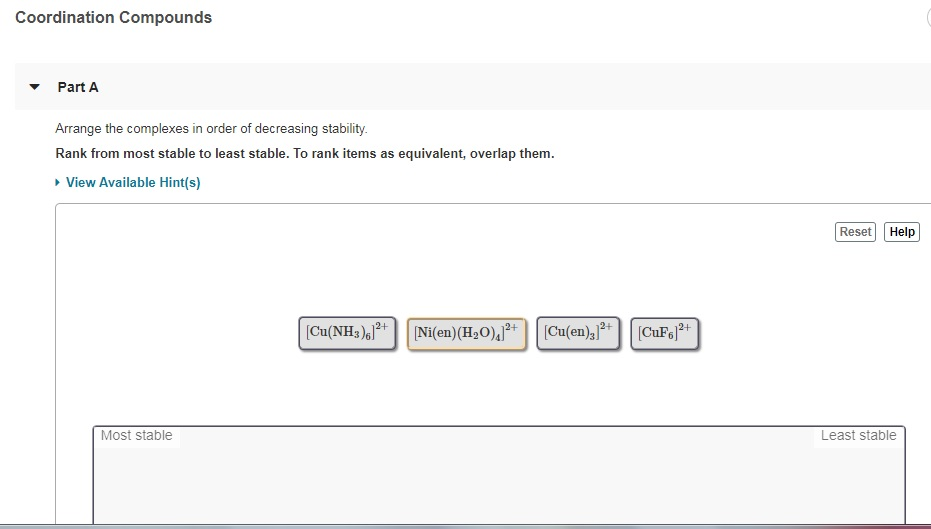 Solved Coordination Compounds Part A Arrange the complexes | Chegg.com