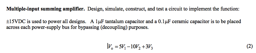 Multiple-input summing amplifier. Design, simulate, | Chegg.com