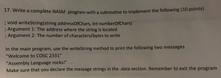 17. Write a complete NASM program with a subroutine | Chegg.com