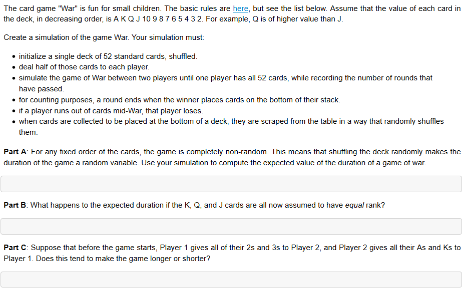 The card game "War" is fun for small children. The | Chegg.com