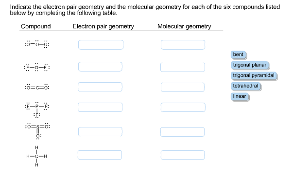 Solved Indicate the electron pair geometry and the molecular | Chegg.com
