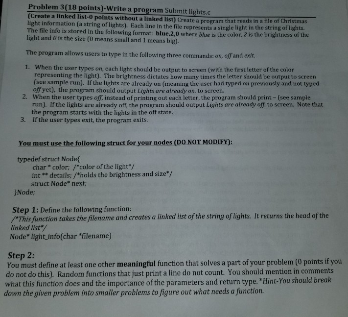 Solved Problem 3(18 points)-Write a program Submit lights.c | Chegg.com