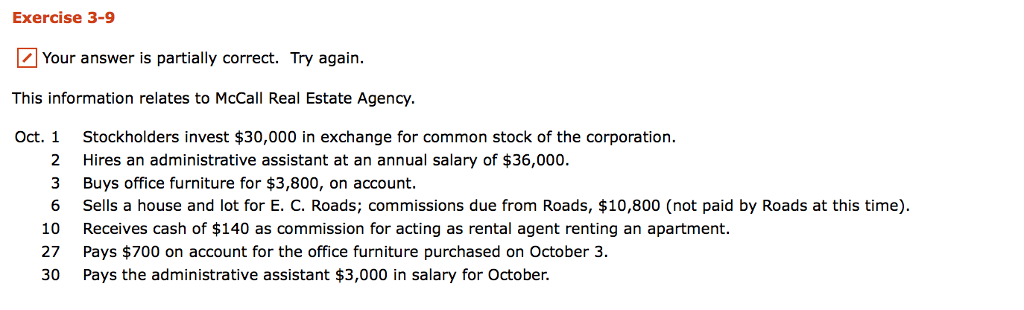 Solved Exercise 3-9 Your answer is partially correct. Try | Chegg.com