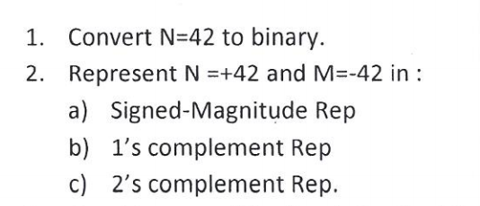 Solved Convert N=42 to binary. Represent N=+42 and M =-42 | Chegg.com