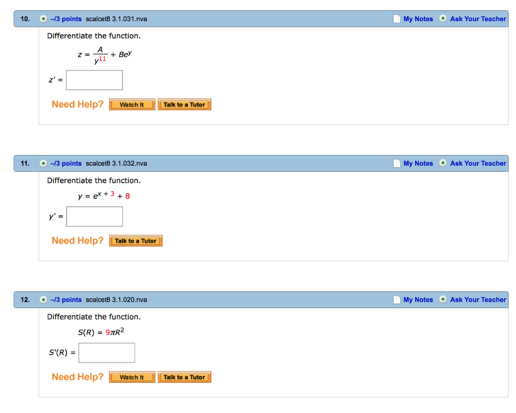 Solved Differentiate the function. z = A/y^11 + Be^y z' = | Chegg.com Solved Differentiate the function. z = A/y^11 + Be^y z' = | Chegg.com
