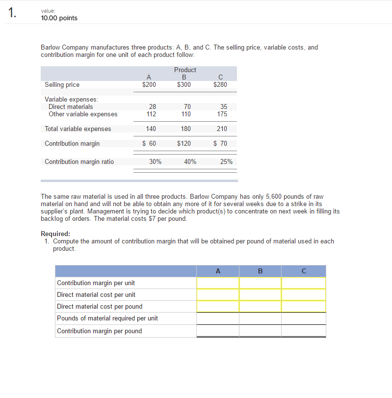 Solved Value: 10.00 points Barlow Company manufactures three | Chegg.com