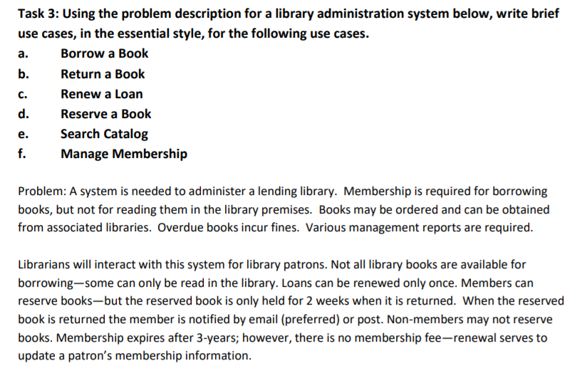 Task 3: Using the problem description for a library | Chegg.com