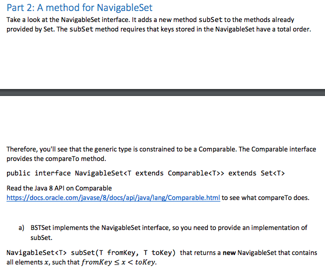Part 2: A method for NavigableSet Take a look at the | Chegg.com