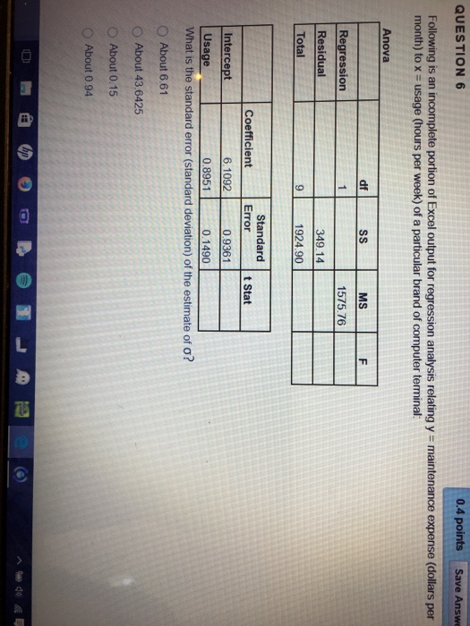 Solved Following is an incomplete portion of Excel output | Chegg.com