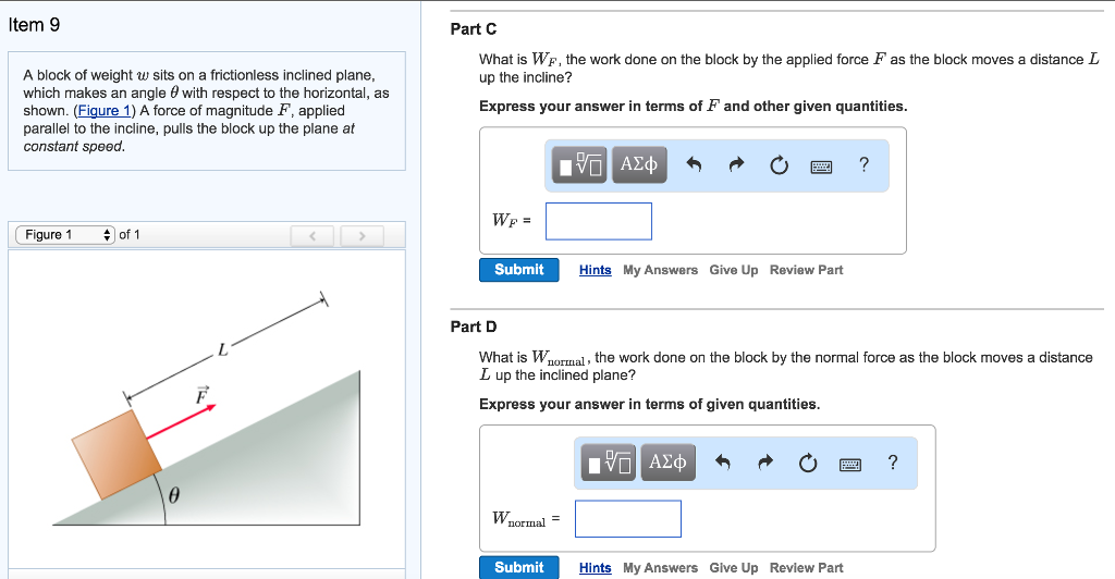 Solved A block of weight w sits on a frictionless inclined | Chegg.com