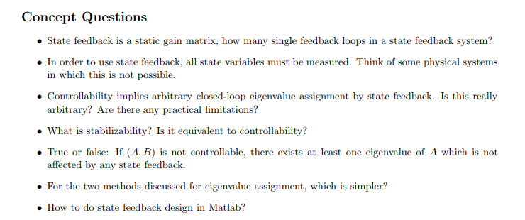Solved Concept Questions State feedback is a static gain | Chegg.com