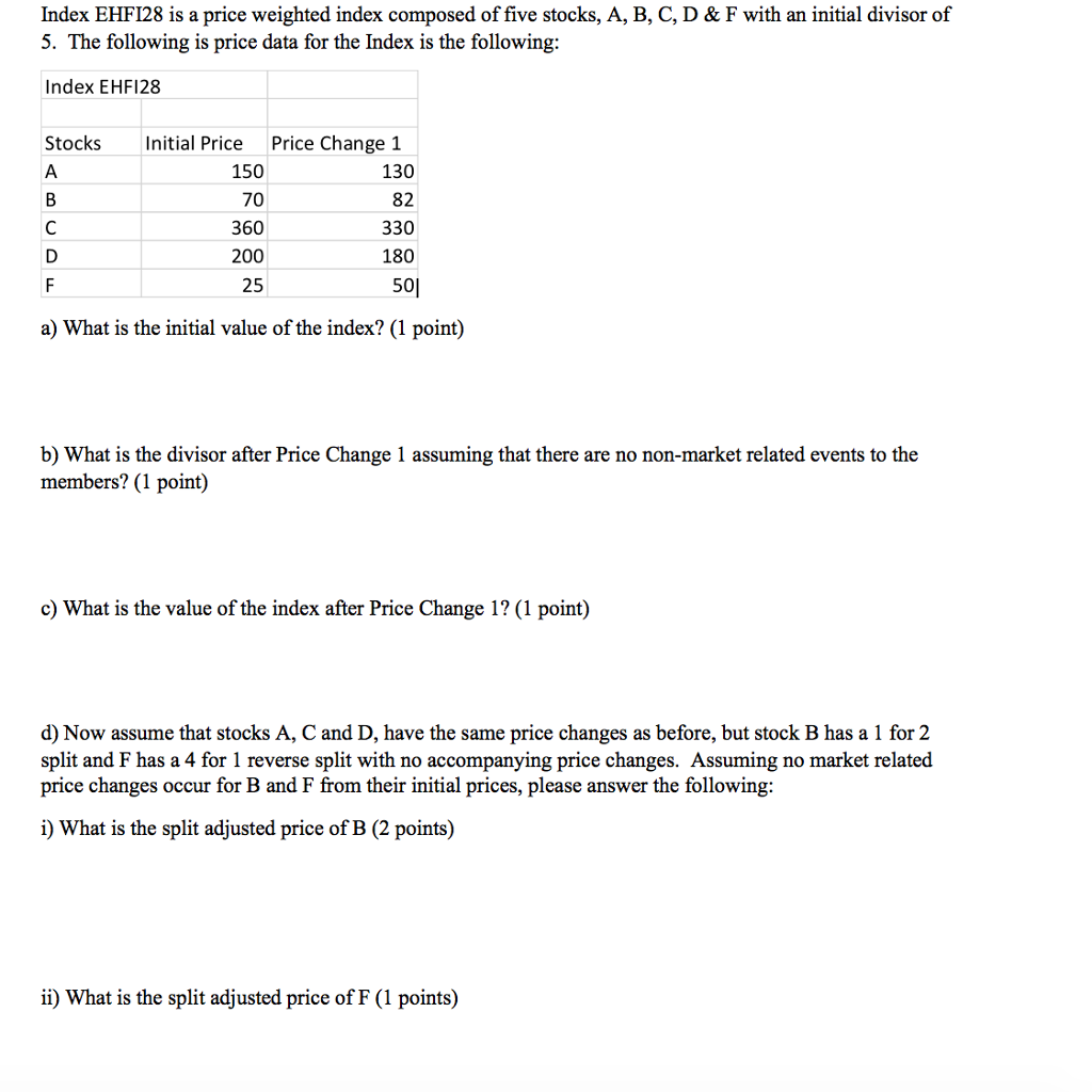 Solved Index EHF128 is a price weighted index composed of | Chegg.com