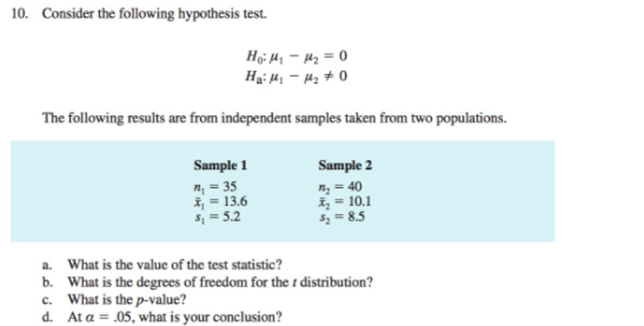 Solved Consider the following hypothesis test. H_0: mu_1 - | Chegg.com