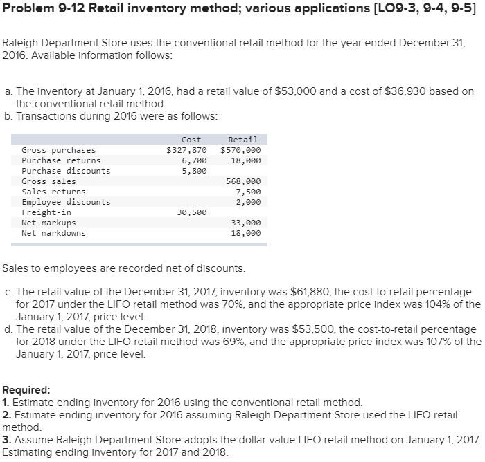 Solved Problem 9-12 Retail inventory method; various | Chegg.com