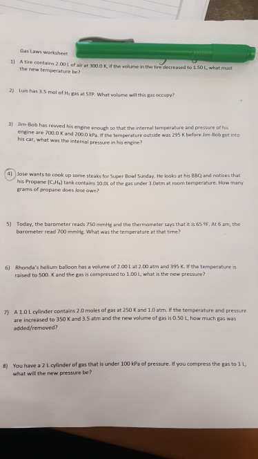 Solved Gas Laws worksheet 1) A tire contains 2.00L of air at | Chegg.com