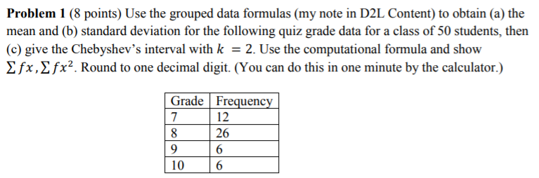 Solved Problem 1 (8 points) Use the grouped data formulas | Chegg.com
