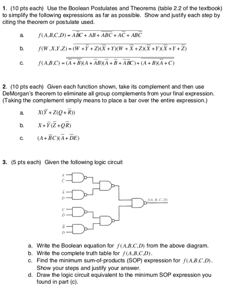 Solved 1 10 Pts Each Use The Boolean Postulates And
