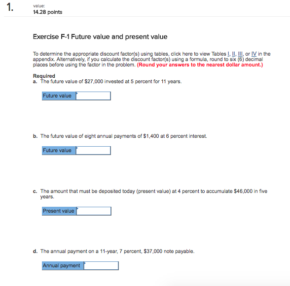 Solved 14.28 points Exercise F-1 Future value and present | Chegg.com