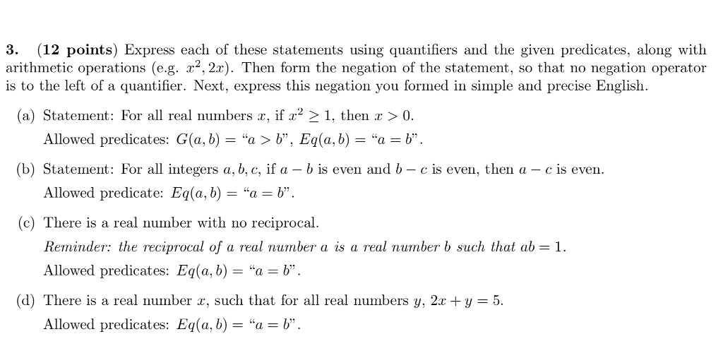 Solved 3. (12 points) Express each of these statements using | Chegg.com