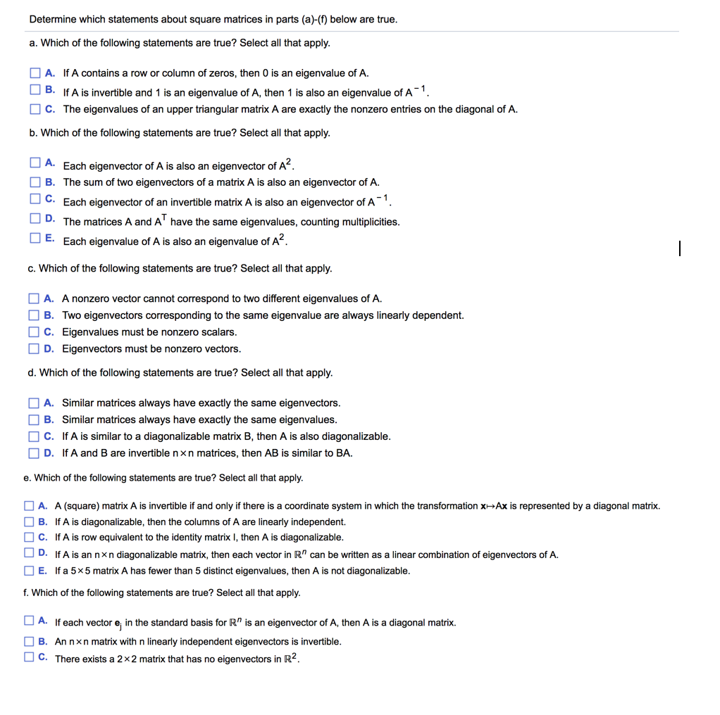 Determine which statements about square matrices in | Chegg.com