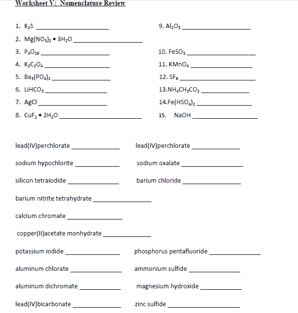 Solved Worksheet V: Nomenclature Review 1. K2S 2. Mg (NO3) 2 | Chegg.com