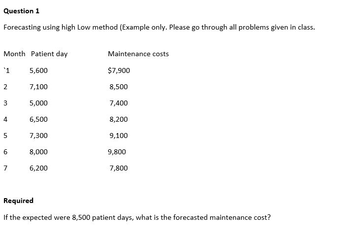 Solved Question 1 Forecasting using high Low method (Example | Chegg.com