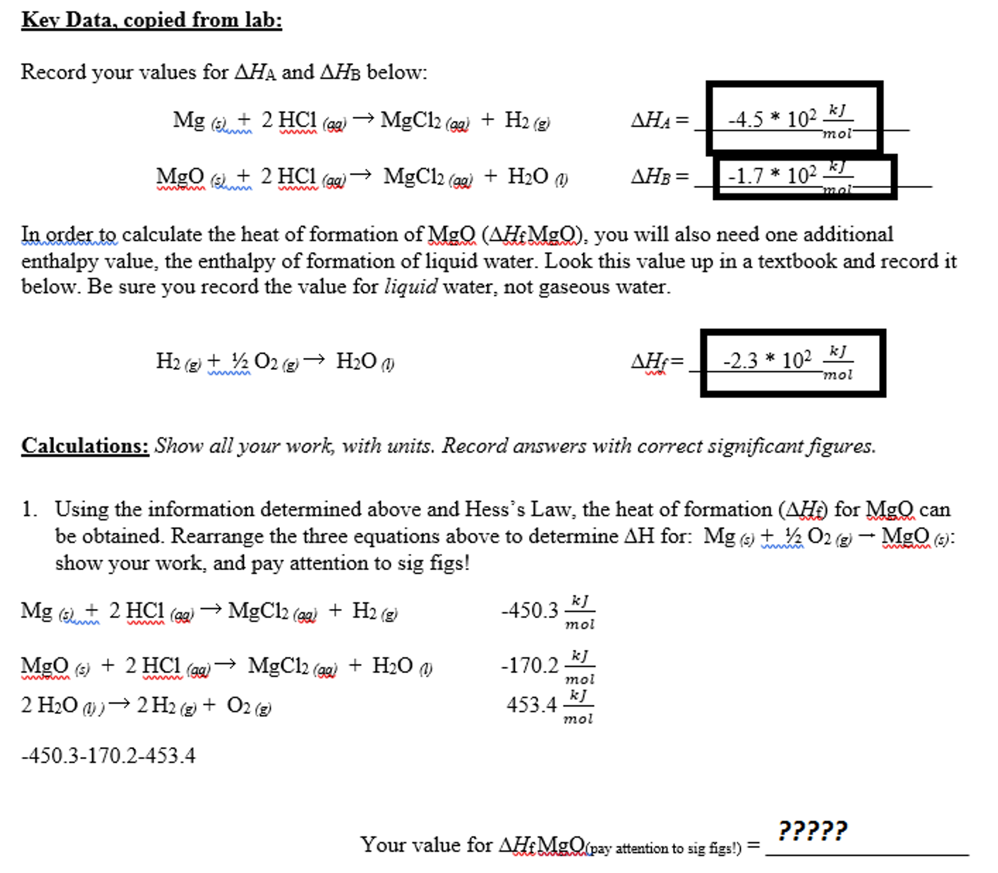 Solved Record your values for delta H_A and delta H_B below: | Chegg.com